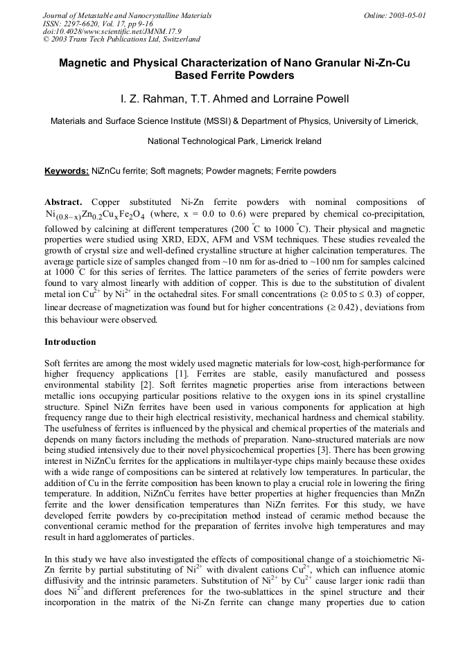 Magnetic and Physical Characterization of Nano Granular Ni-Zn-Cu Based ...