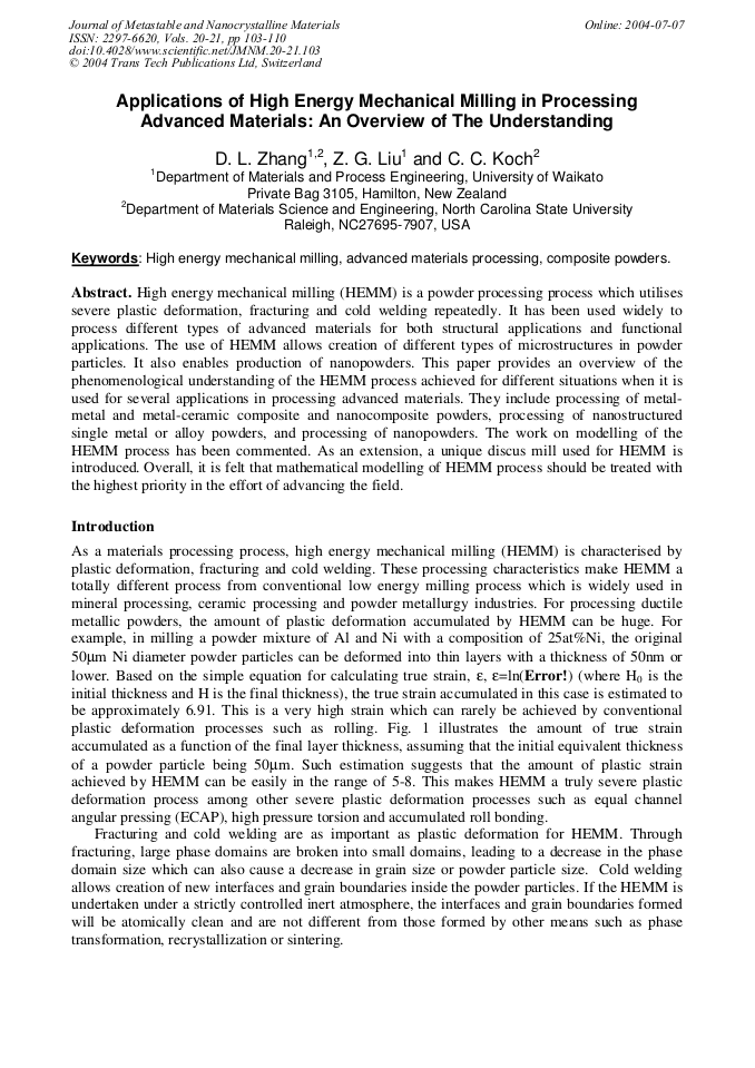 Applications of High Energy Mechanical Milling in Processing Advanced ...