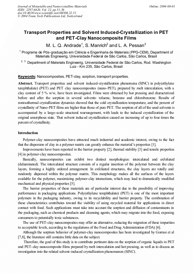 Transport Properties and Solvent Induced-Crystallization in PET and PET ...