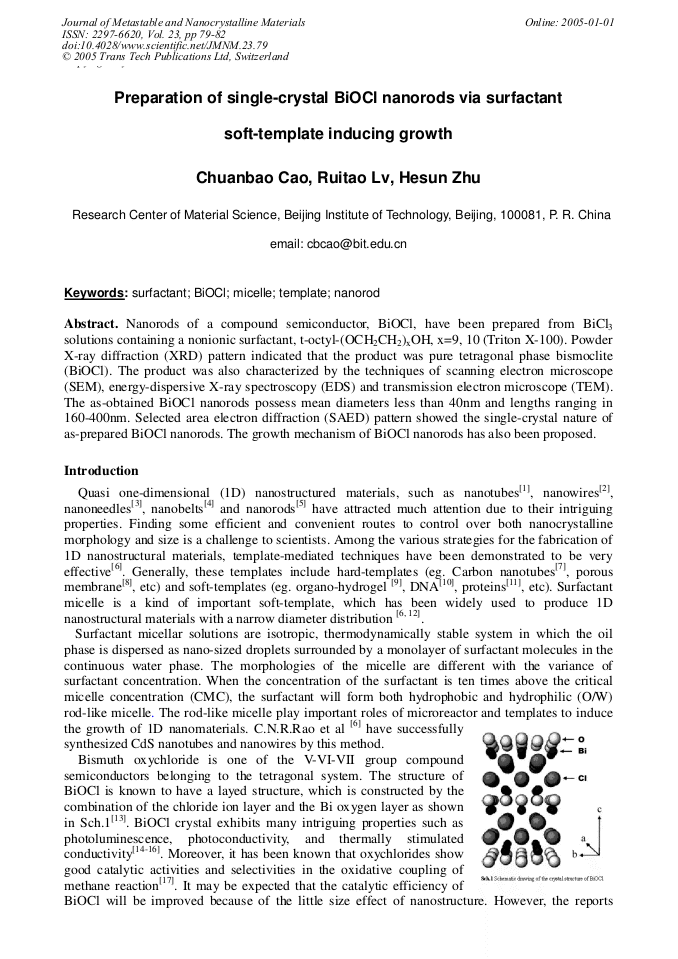 Preparation of Single-Crystal BiOCl Nanorods via Surfactant Soft ...