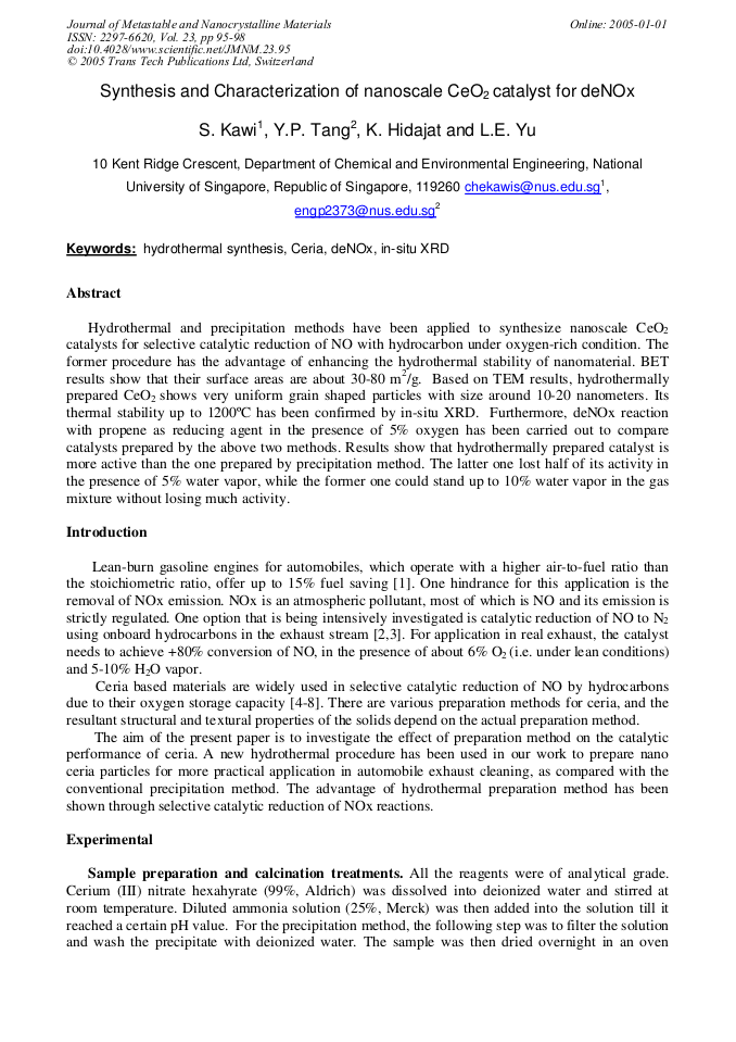 Synthesis and Characterization of Nanoscale CeO2 Catalyst for deNOx ...
