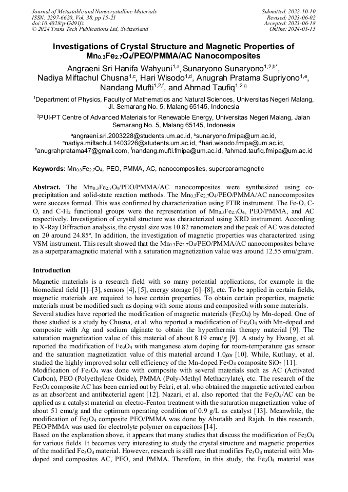 Investigations of Crystal Structure and Magnetic Properties of Mn0.3Fe2.7O4/PEO/PMMA/AC ...