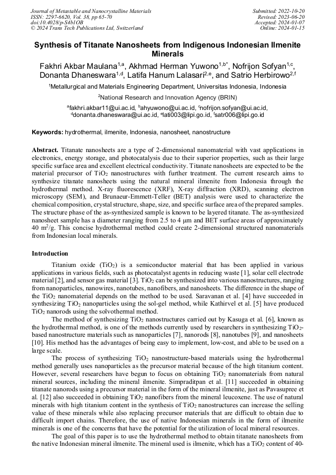 Synthesis of Titanate Nanosheets from Indigenous Indonesian Ilmenite Minerals | Scientific.Net