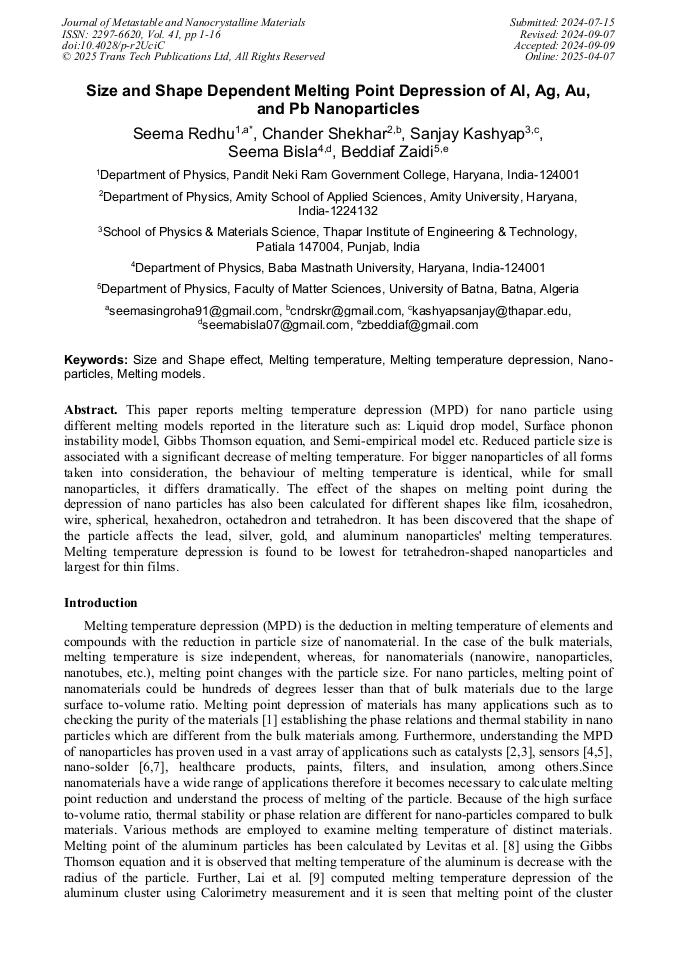 Size and Shape Dependent Melting Point Depression of Al, Ag, Au, and Pb ...