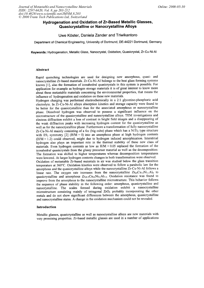 Hydrogenation and Oxidation of Zr-Based Metallic Glasses ...