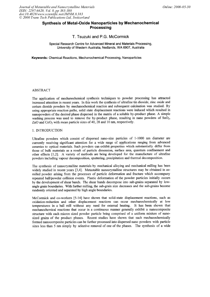 Synthesis of Metal-Oxide Nanoparticles by Mechanochemical Processing ...
