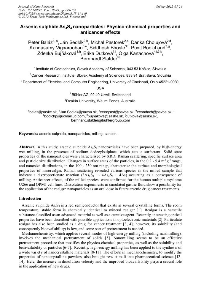 Arsenic Sulphide As4S4 Nanoparticles: Physico-Chemical Properties and ...