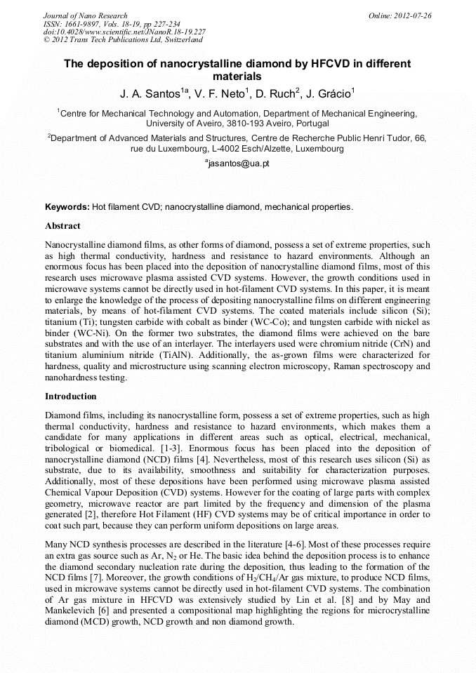 The Deposition of Nanocrystalline Diamond by HFCVD in Different ...