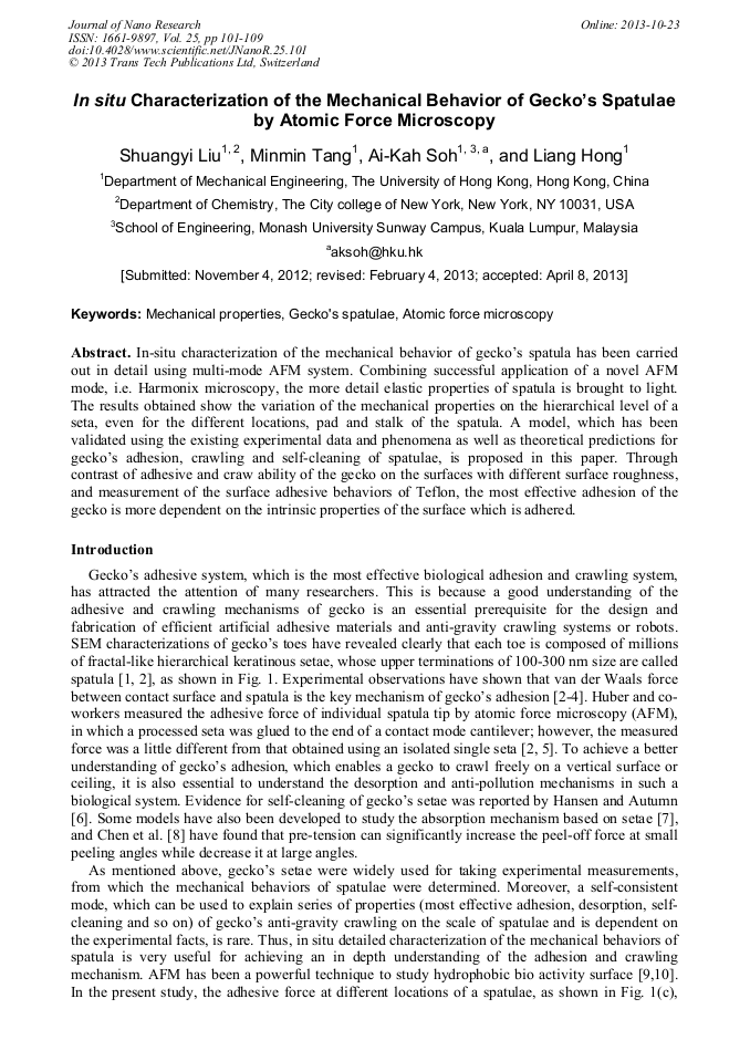 In Situ Characterization of the Mechanical Behavior of Gecko’s Spatulae ...