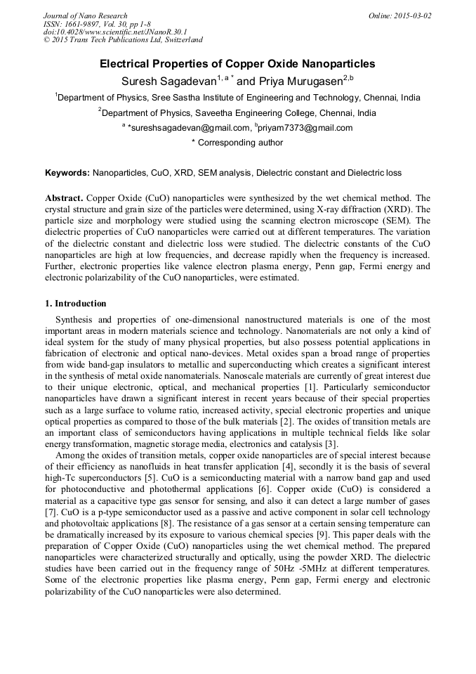 Electrical Properties of Copper Oxide Nanoparticles | Scientific.Net