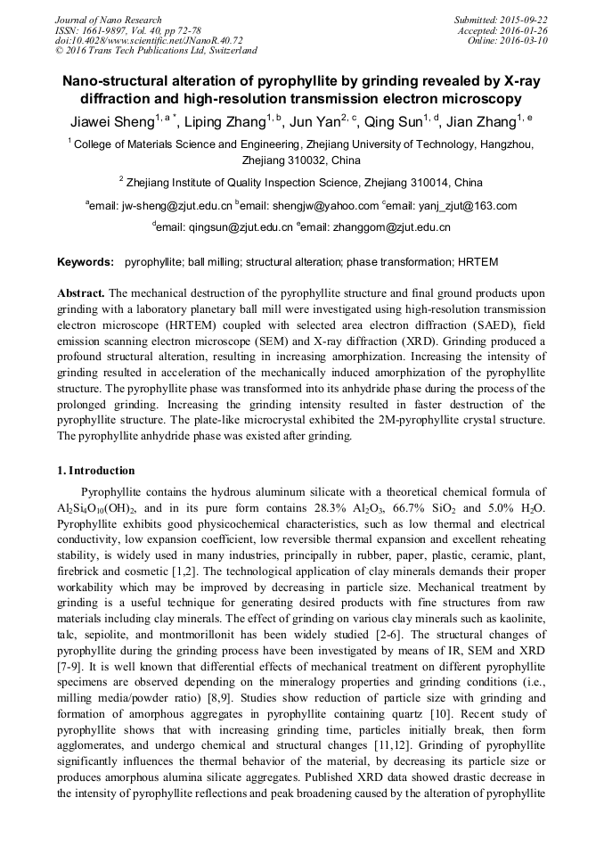 Nano-Structural Alteration of Pyrophyllite by Grinding Revealed by X ...