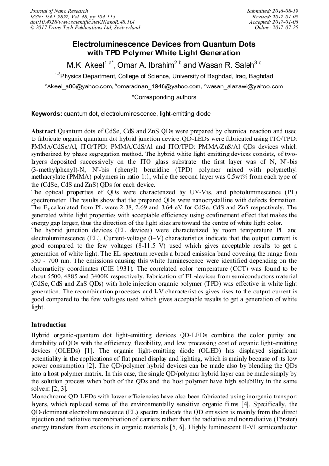 Electroluminescence Devices from Quantum Dots with TPD Polymer White ...