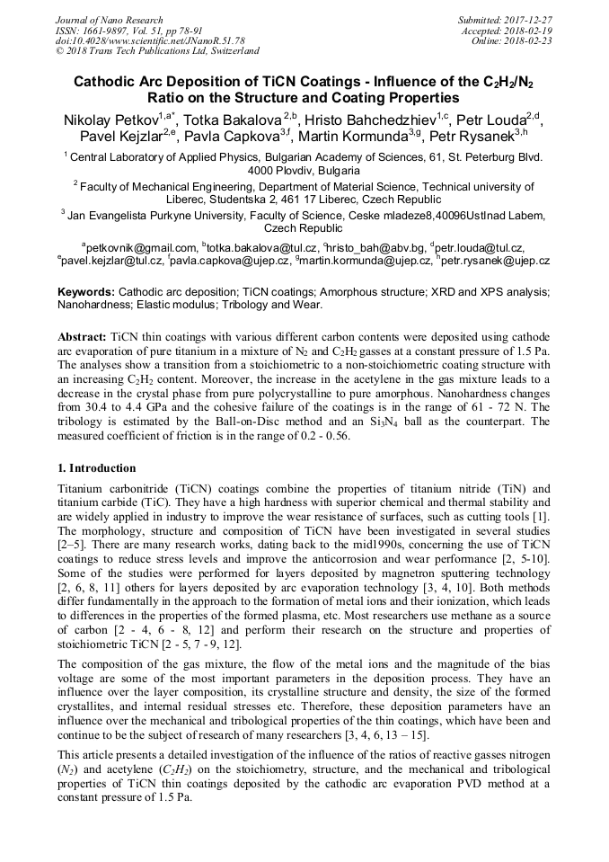 Cathodic Arc Deposition of TiCN Coatings - Influence of the C2H2/N2 Ratio on the Structure and ...