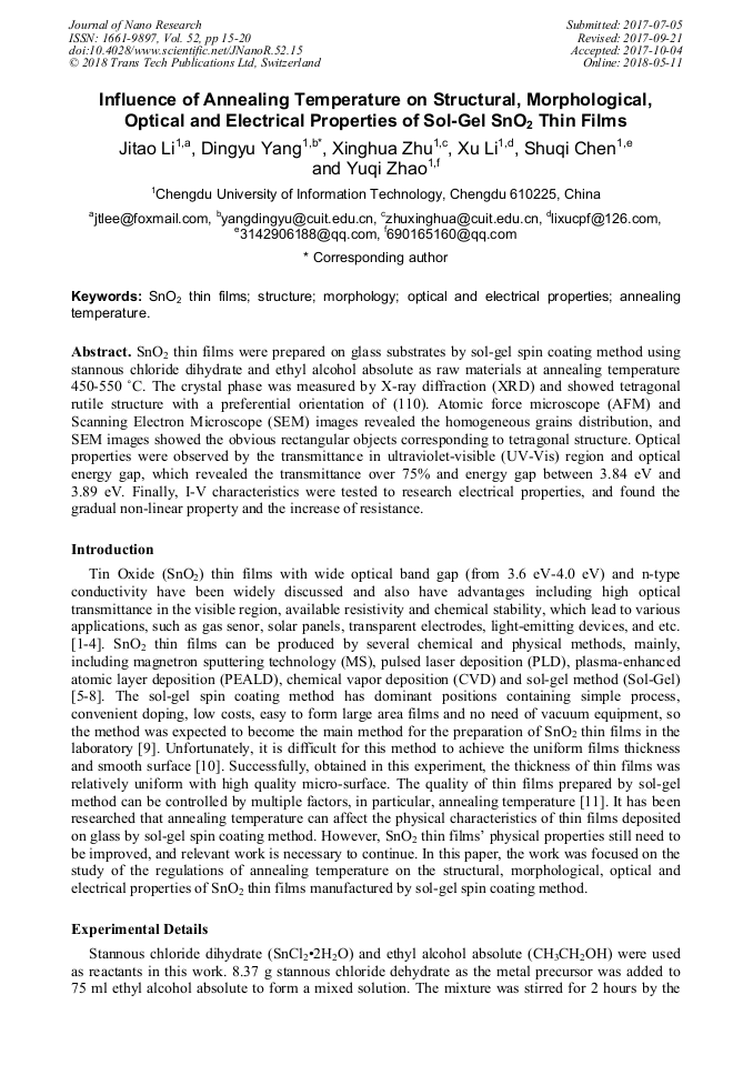 Influence of Annealing Temperature on Structural, Morphological, Optical and Electrical ...