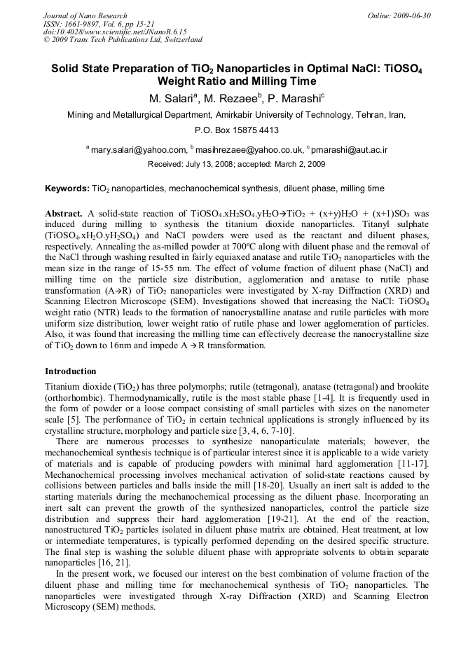 Solid State Preparation of TiO2 Nanoparticles in Optimal NaCl: TiOSO4 ...