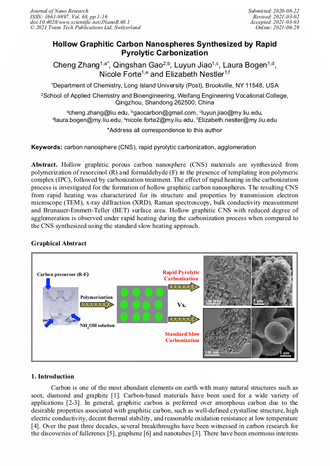 Hollow Graphitic Carbon Nanospheres Synthesized by Rapid Pyrolytic ...