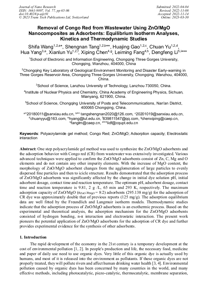 Removal of Congo Red from Wastewater Using ZnO/MgO Nanocomposites as ...