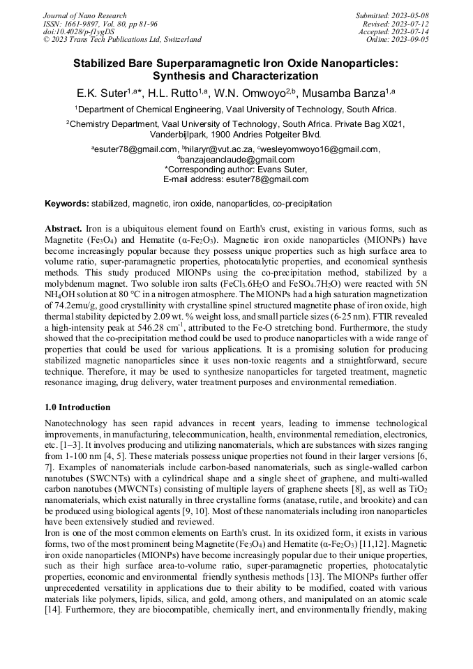 Stabilized Bare Superparamagnetic Iron Oxide Nanoparticles: Synthesis ...