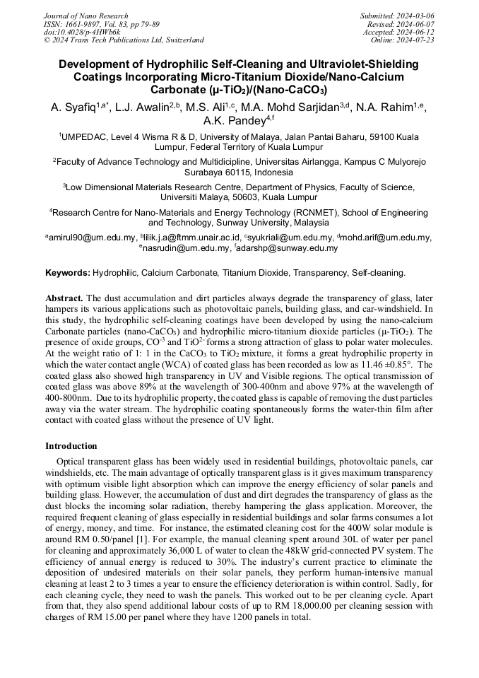 Development of Hydrophilic Self-Cleaning and Ultraviolet-Shielding ...