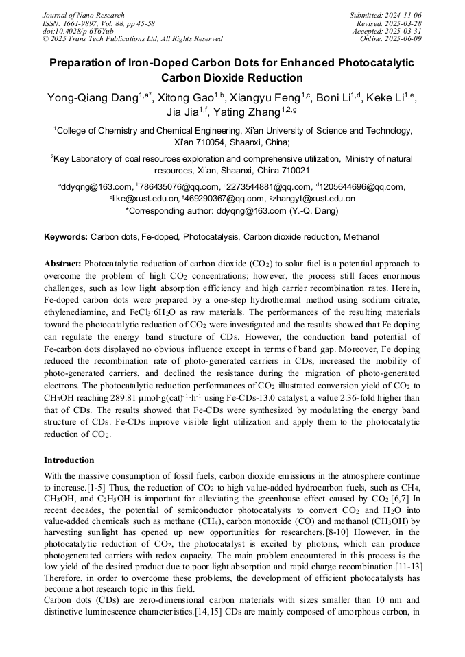 Preparation of Iron-Doped Carbon Dots for Enhanced Photocatalytic Carbon Dioxide Reduction ...