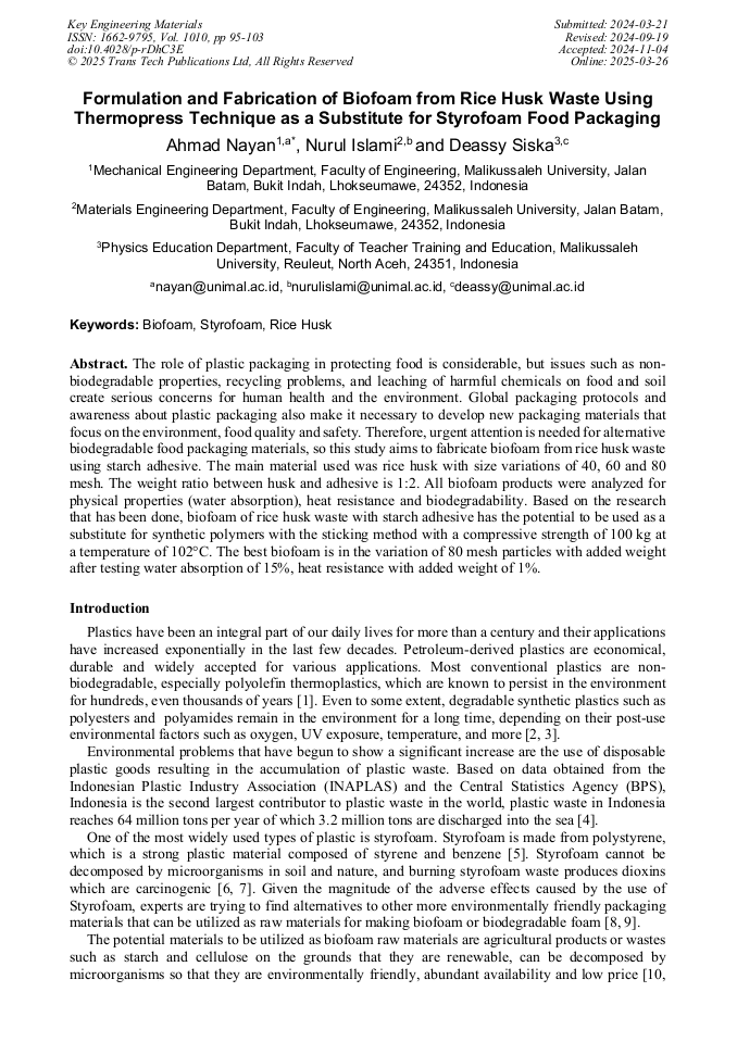 Formulation and Fabrication of Biofoam from Rice Husk Waste Using ...