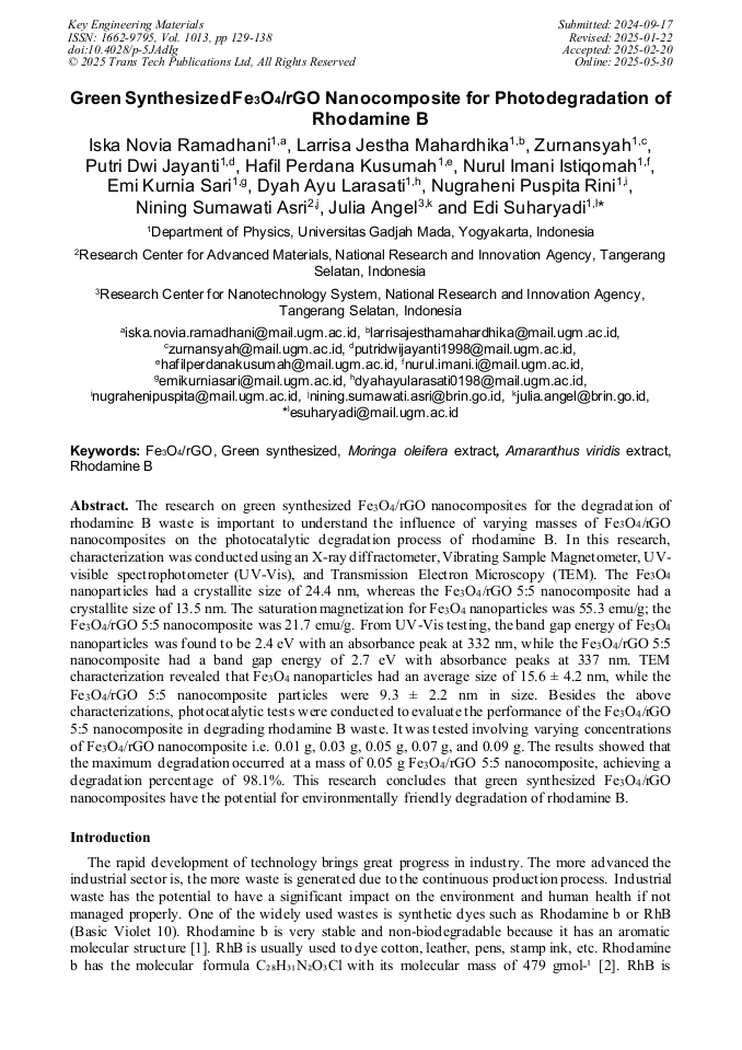 Green Synthesized Fe3O4/rGO Nanocomposite for Photodegradation of ...