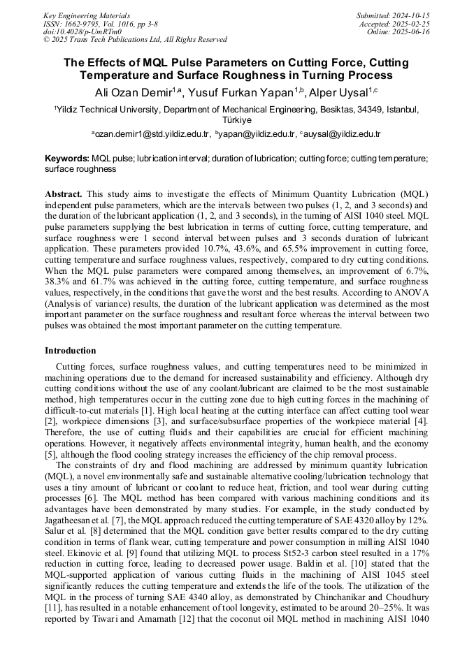 The Effects of MQL Pulse Parameters on Cutting Force, Cutting ...