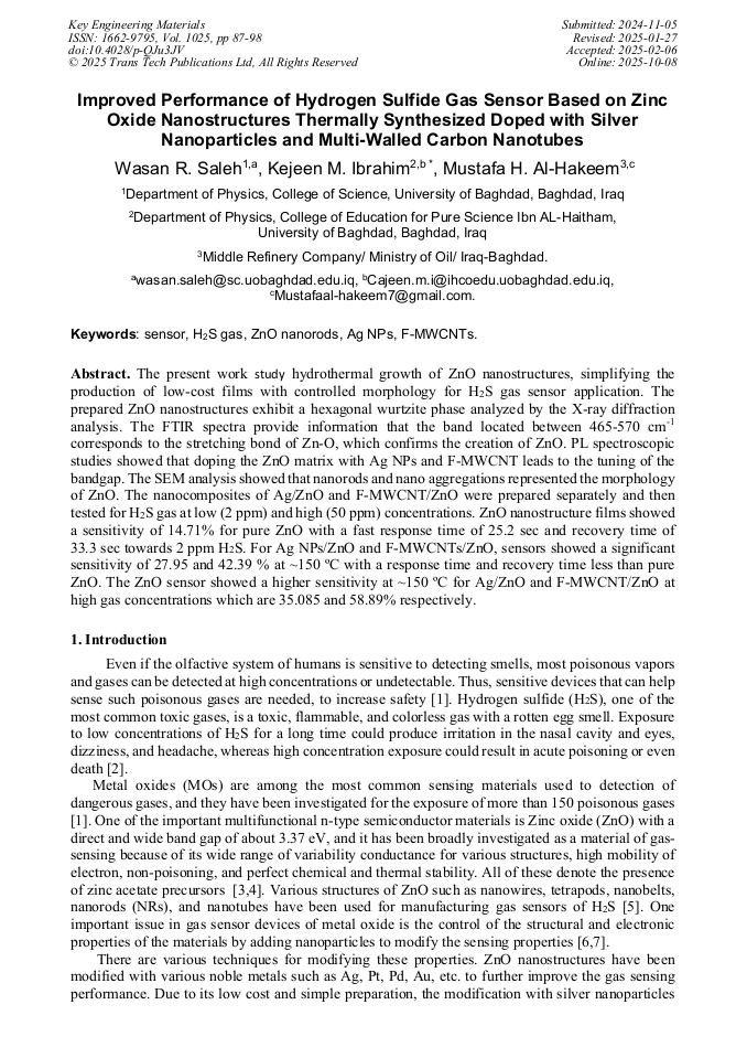 Improved Performance of Hydrogen Sulfide Gas Sensor Based on Zinc Oxide Nanostructures Thermally ...