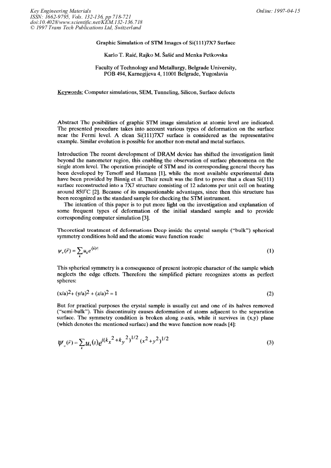 Graphic Simulation of STM Images of Si(111)7X7 Surface | Scientific.Net