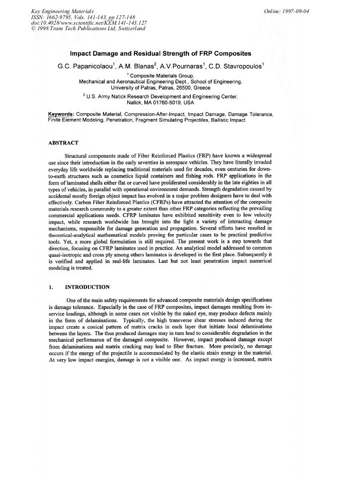 Impact Damage and Residual Strength of FRP Composites | Scientific.Net