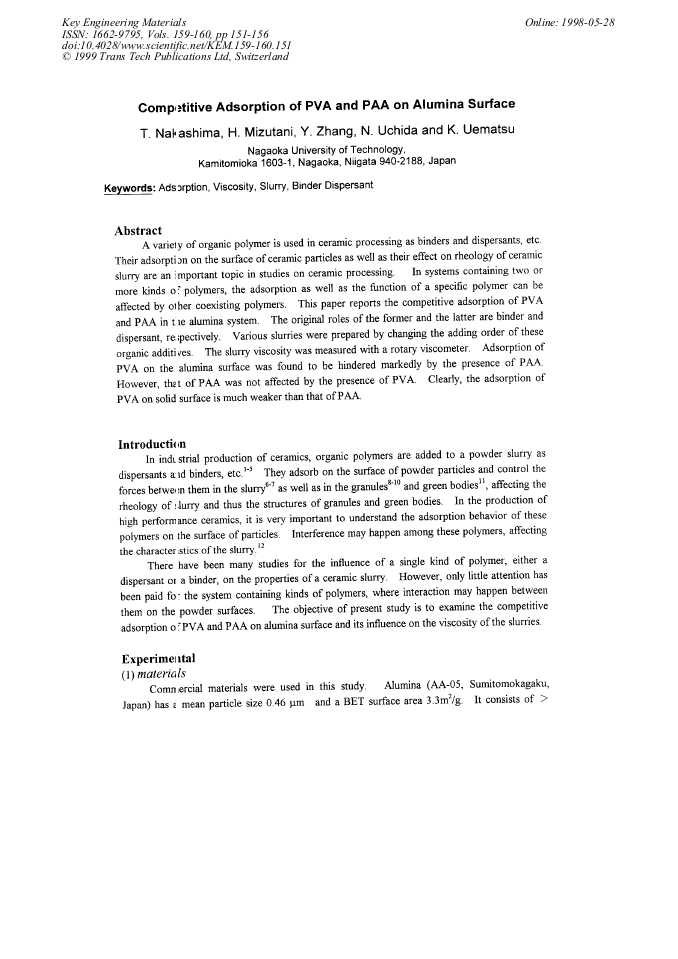 Competitive Adsorption of PVA and PAA on Alumina Surface | Scientific.Net