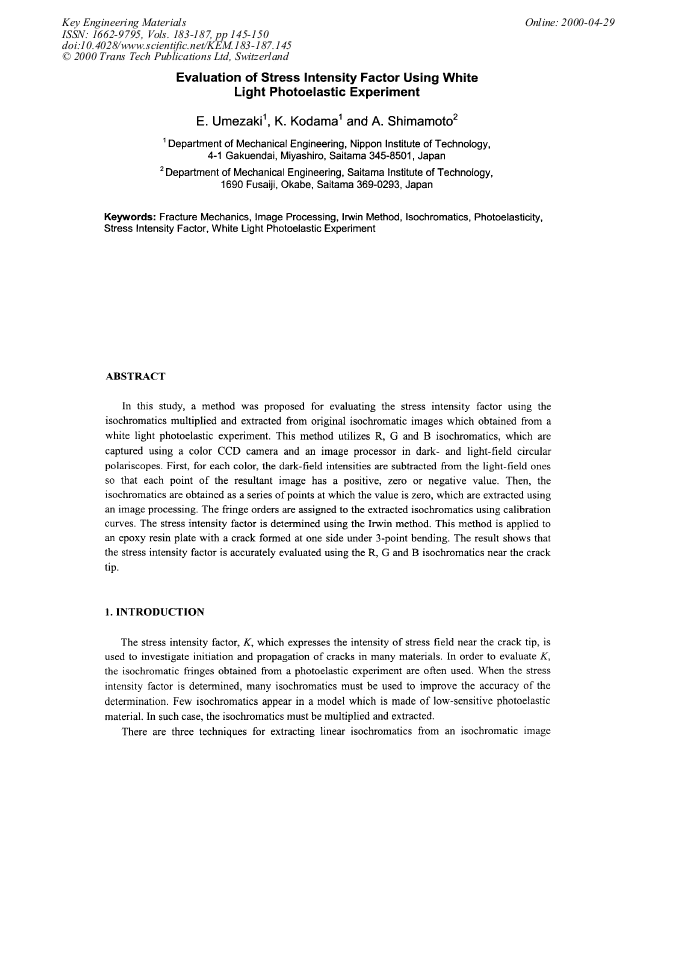 Evaluation of Stress Intensity Factor Using White Light Photoelastic ...