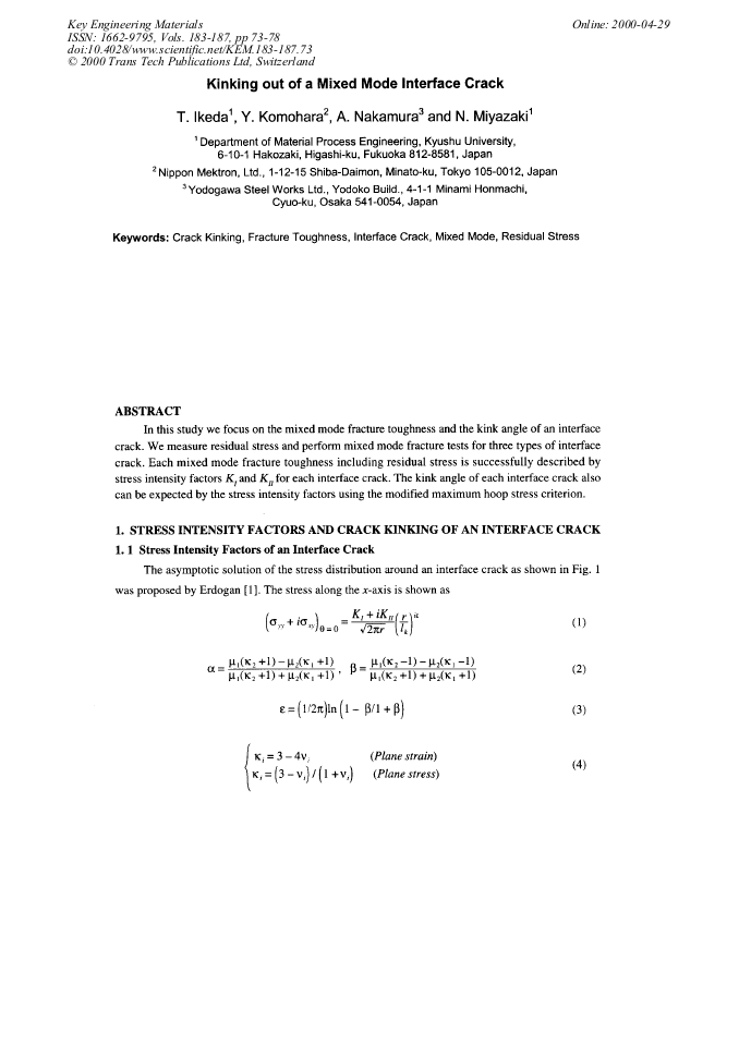 Kinking out of a Mixed Mode Interface Crack | Scientific.Net