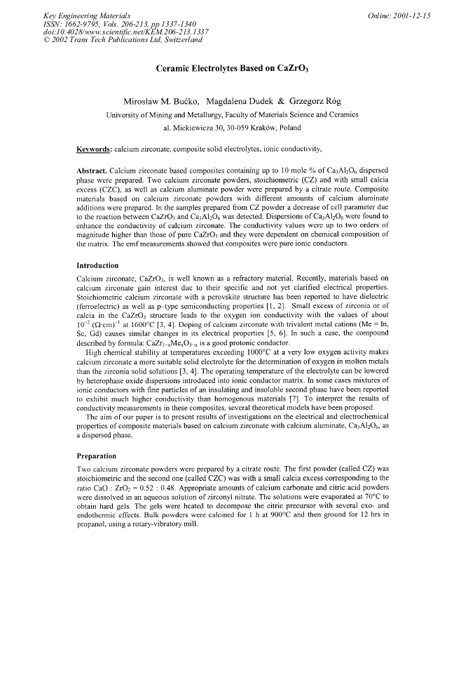 Ceramic Electrolytes Based on CaZrO3 | Scientific.Net