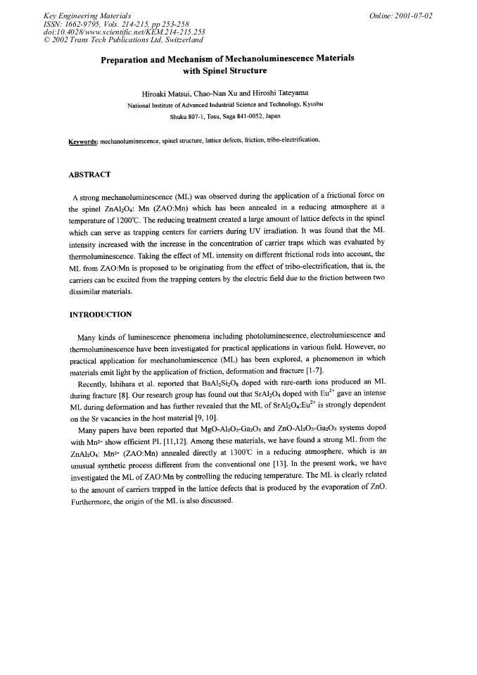 Preparation and Mechanism of Mechanoluminescence Materials with Spinel ...