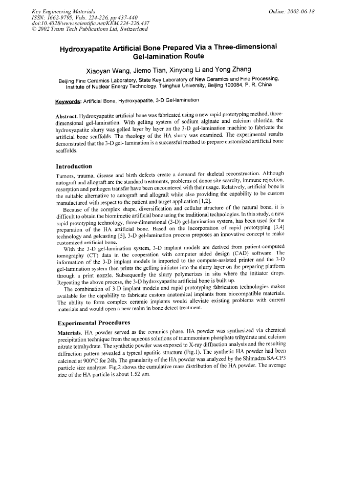 Hydroxyapatite Artificial Bone Prepared via a Three-Dimensional Gel ...