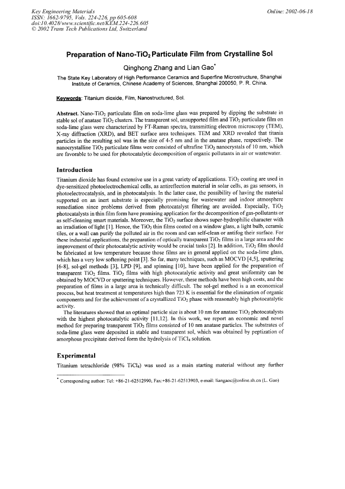 Preparation of Nano-TiO2 Particulate Film from Crystalline Sol ...