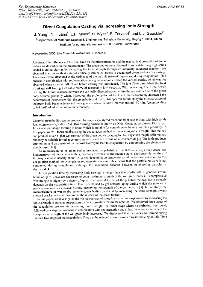 Direct Coagulation Casting via Increasing Ionic Strength | Scientific.Net