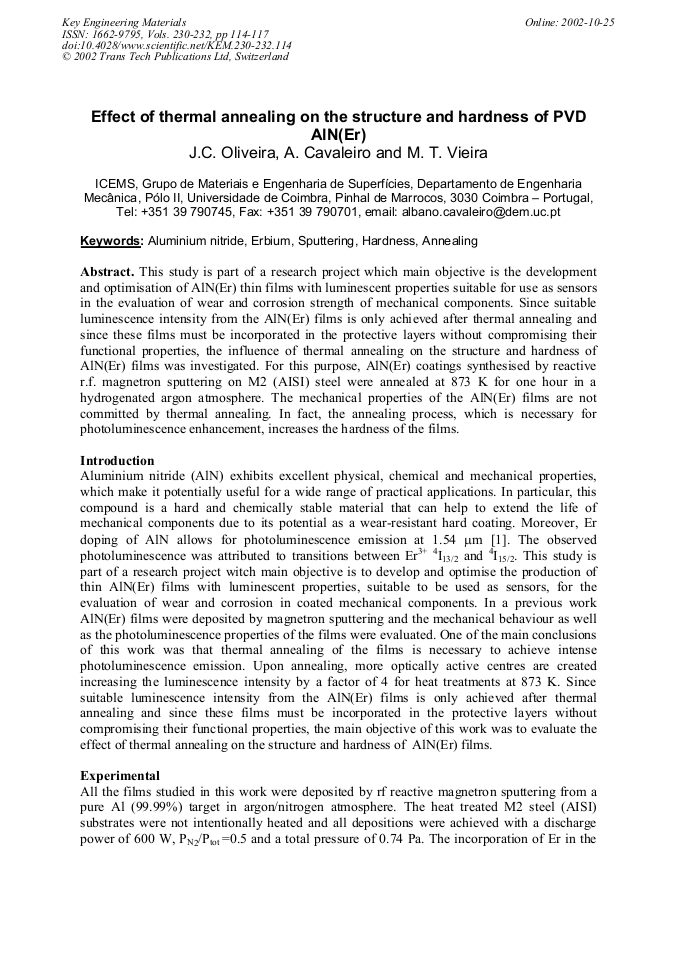 Effect of Thermal Annealing on the Structure and Hardness of PVD AlN(Er ...
