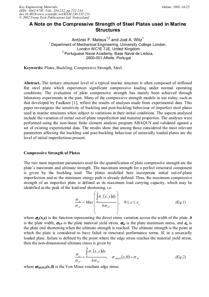 A Note on the Compressive Strength of Steel Plates Used in Marine ...