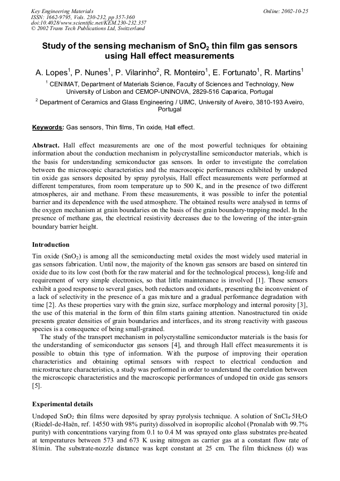 Study of the Sensing Mechanism of SnO2 Thin-Film Gas Sensors Using Hall ...