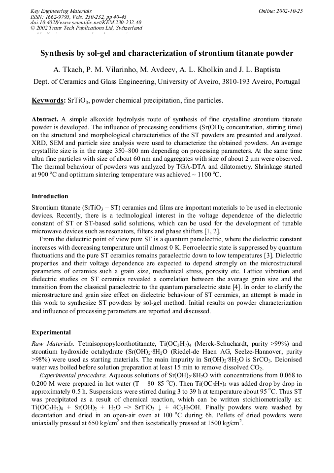 Synthesis by Sol-Gel and Characterization of Strontium Titanate Powder | Scientific.Net