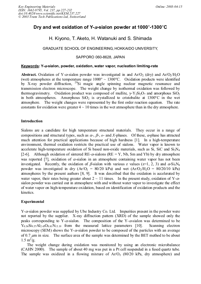 Dry and Wet Oxidation of Y-α-SiAlON Powder at 1000° - 1300°C ...