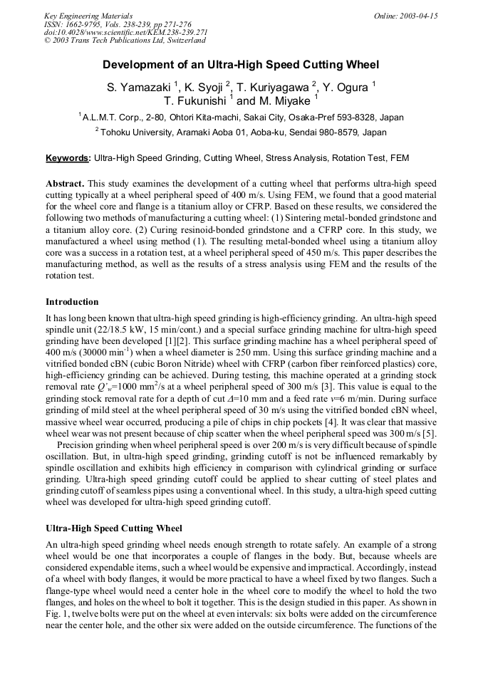 Development of an Ultra-High Speed Cutting Wheel | Scientific.Net