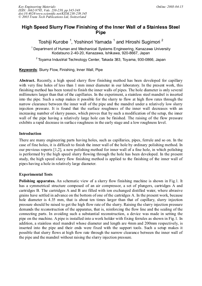 High Speed Slurry Flow Finishing of the Inner Wall of a Stainless Steel ...