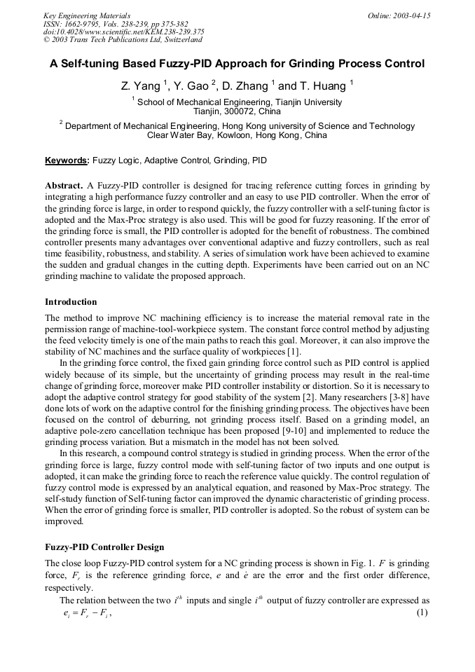 A Self-Tuning Based Fuzzy-PID Approach for Grinding Process Control ...