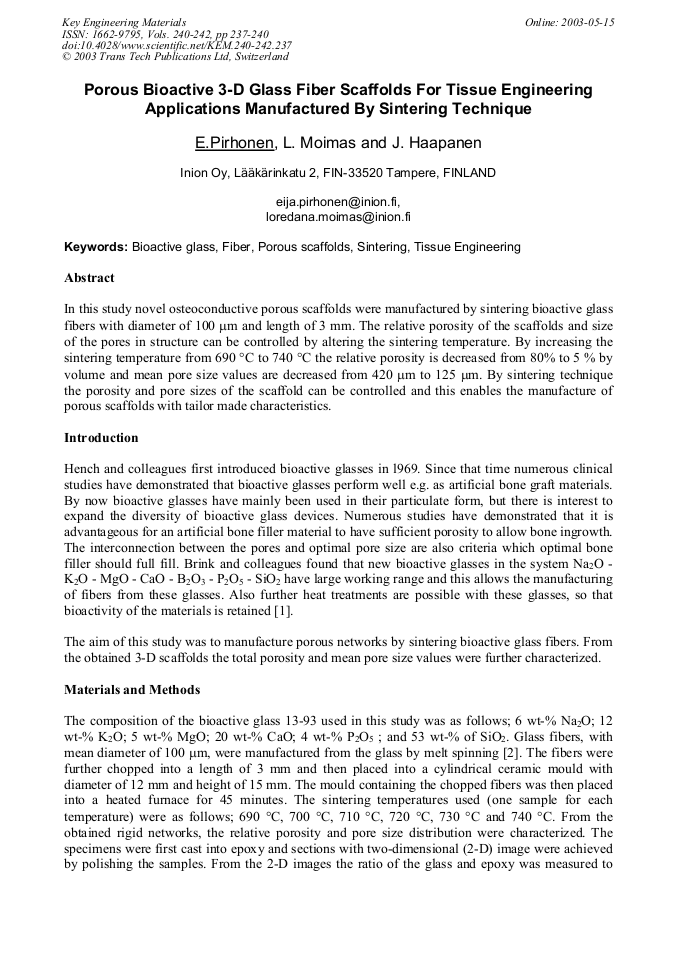 Porous Bioactive 3-D Glass Fiber Scaffolds for Tissue Engineering ...