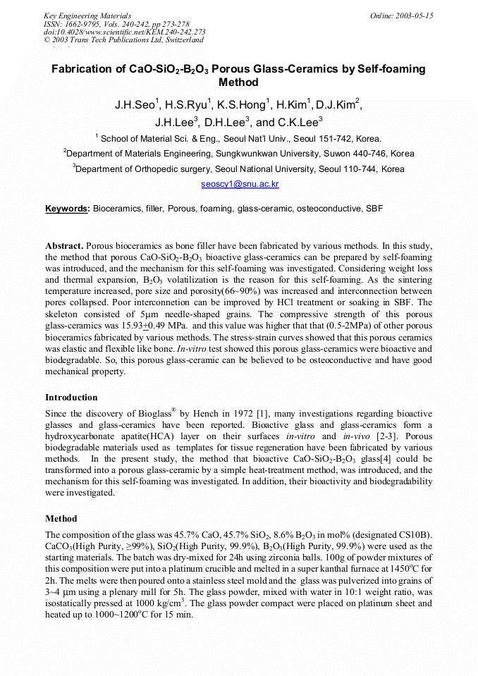Fabrication of CaO-SiO2-B2O3 Porous Glass-Ceramics by Self-Foaming ...