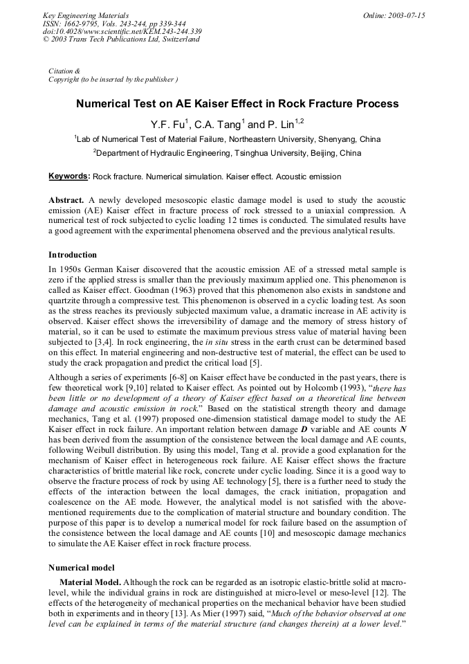 Numerical Test of AE Kaiser Effect in Rock Fracture Process ...