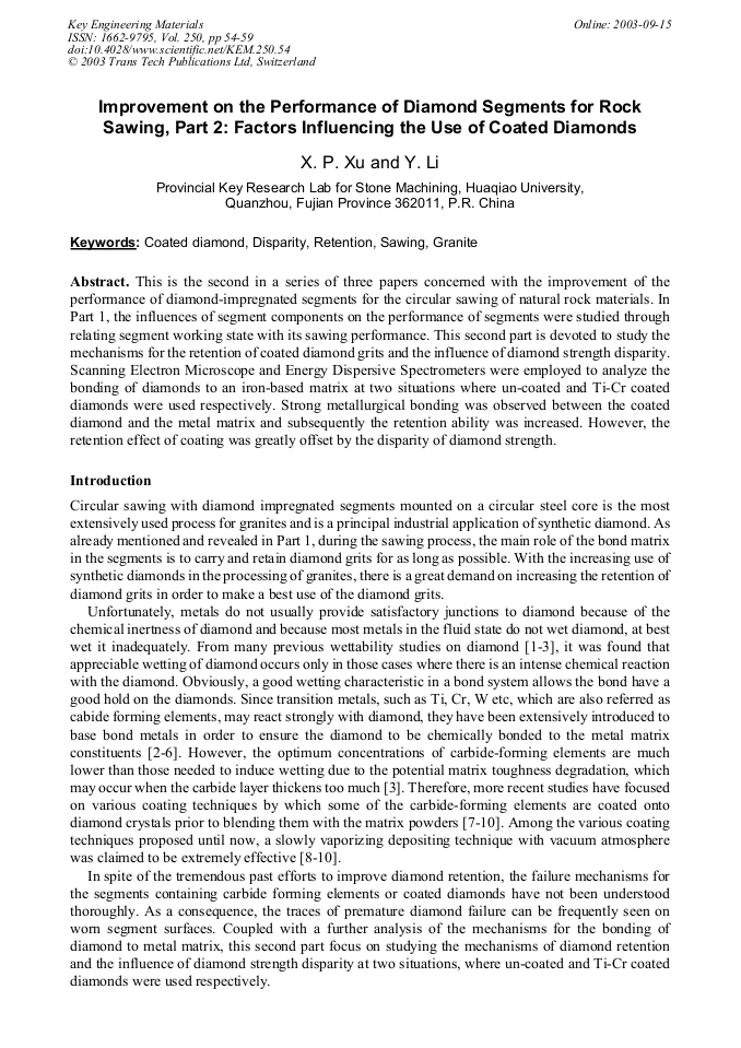 Improvement of the Performance of Diamond Segments for Rock Sawing ...